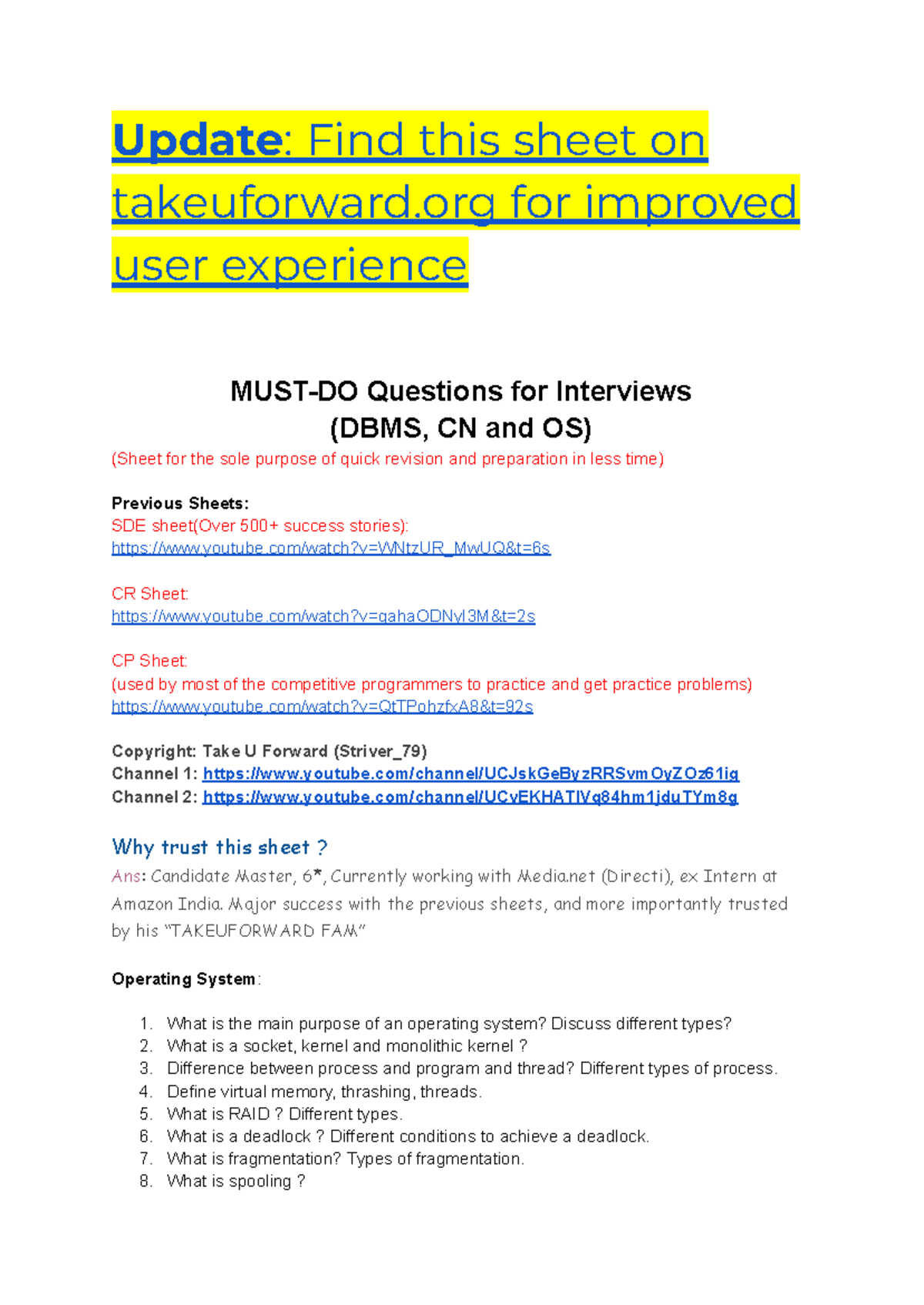 SDE-Sheet (Core): Key Interview Questions for DBMS, CN, and OS - Studocu