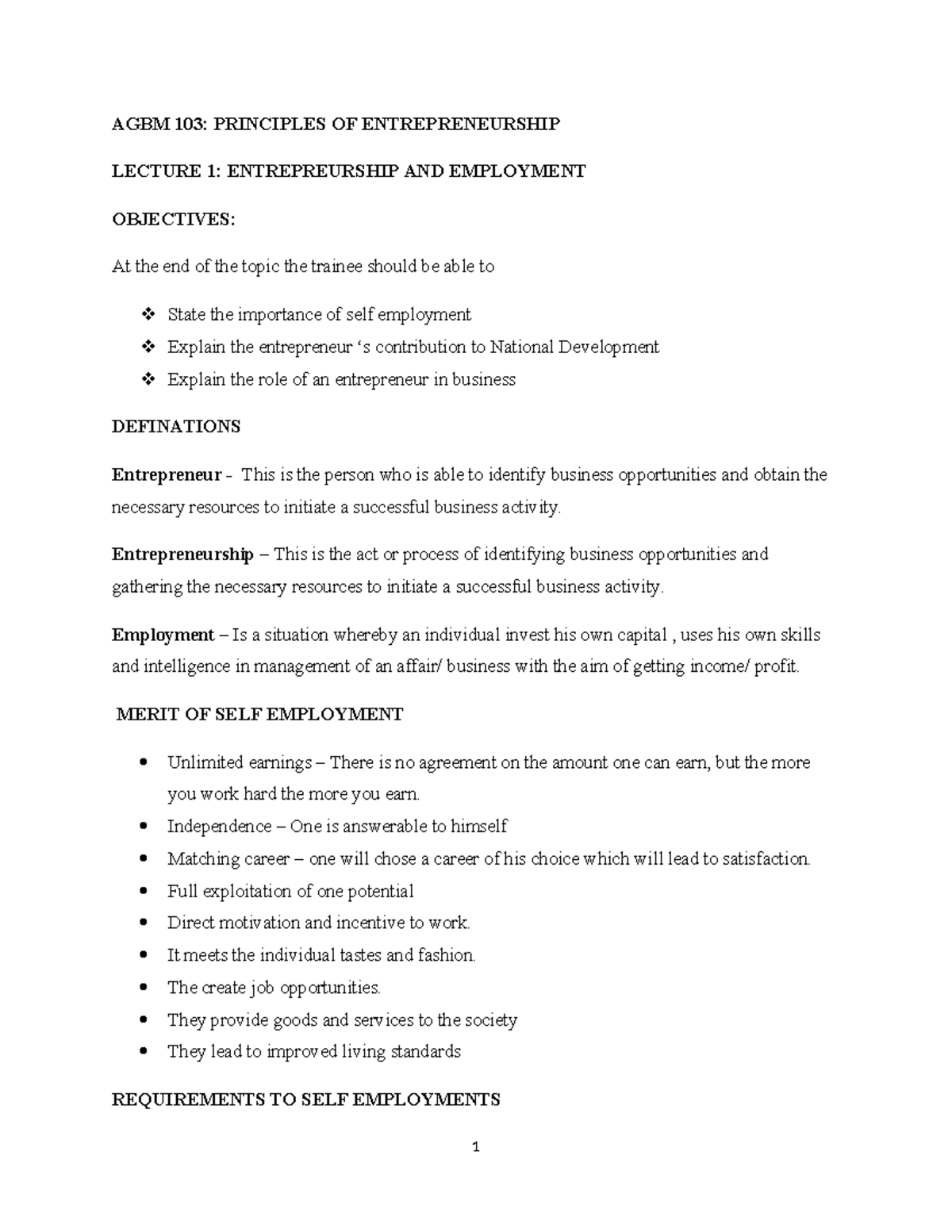 AGBM 103: Principles of Entrepreneurship Lecture 1 - Self Employment ...