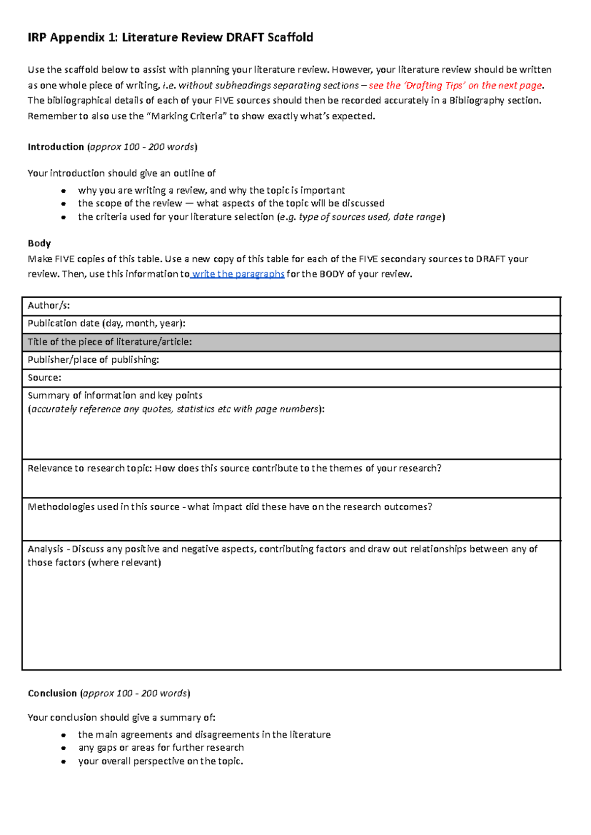 CAFS IRP Appendix 1: Literature Review Scaffold DRAFT - Studocu