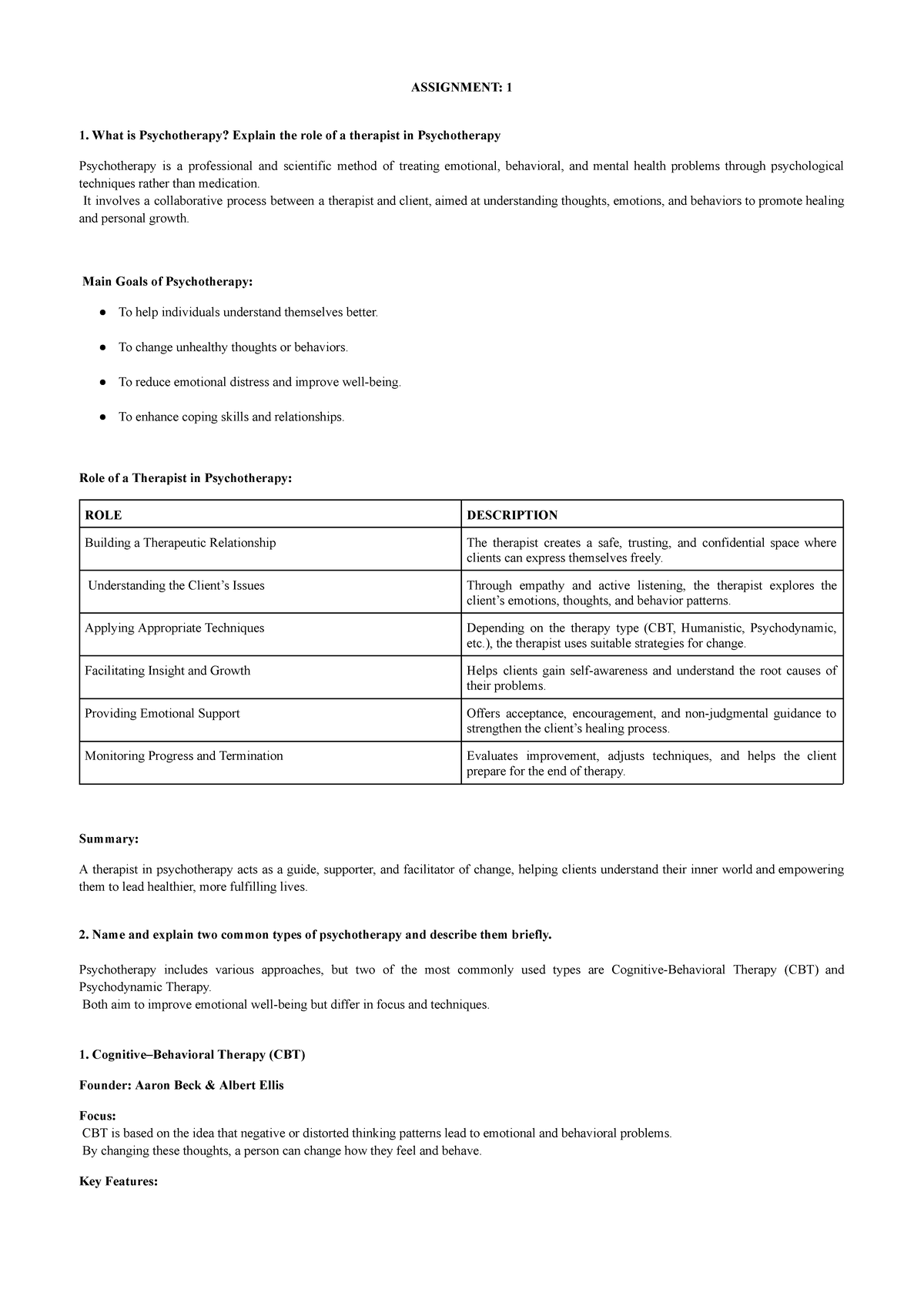 Psychotherapy Overview and Therapist Roles - Assignment 1 - Studocu