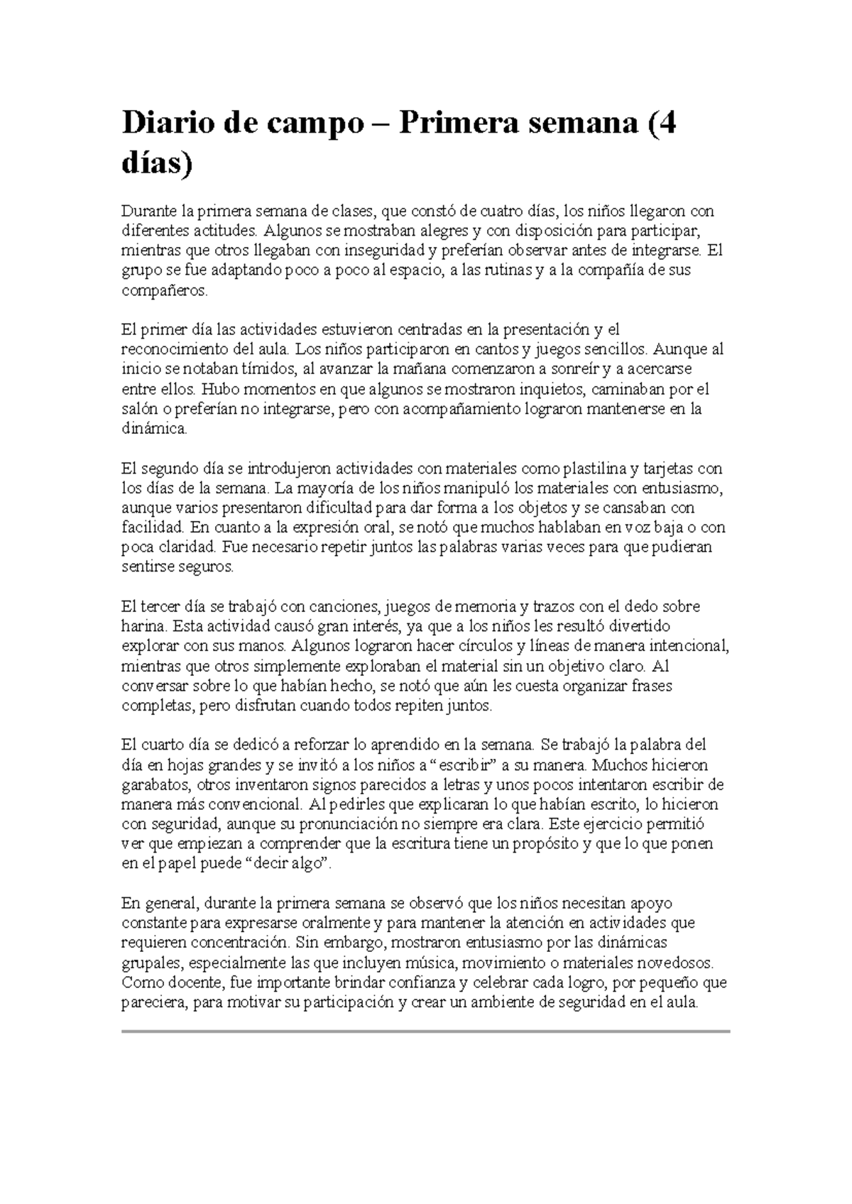 Diario de Campo: Observaciones y Reflexiones - Semanas 1-4 - Studocu