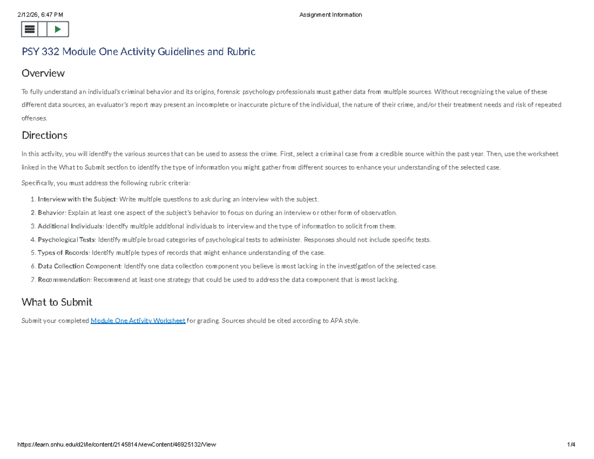 PSY 332 Module One Activity: Forensic Psychology Case Analysis - Studocu