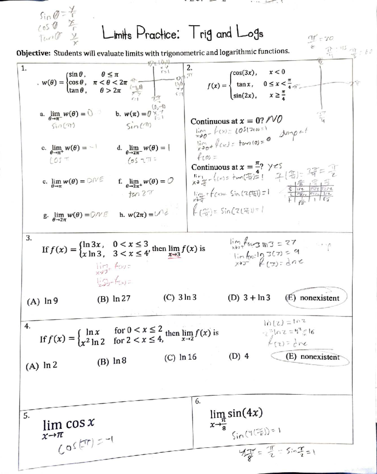 Limits Practice: Trigonometric & Logarithmic Functions (MATH101) - Studocu