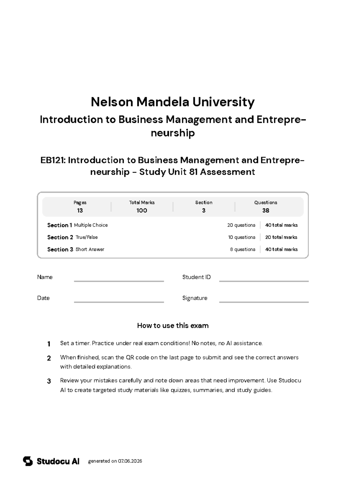 EB121: Business Management - Study Unit 81 Assessment - Studocu