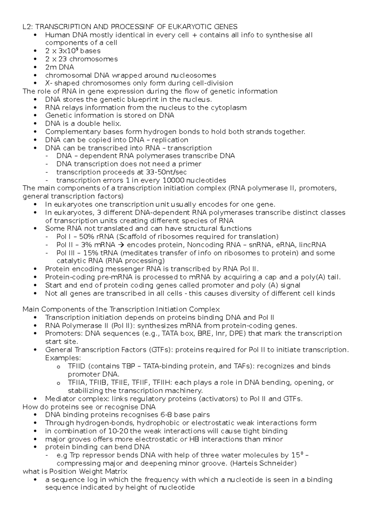 L2: Lecture Notes on Eukaryotic Gene Transcription and Processing - Studocu