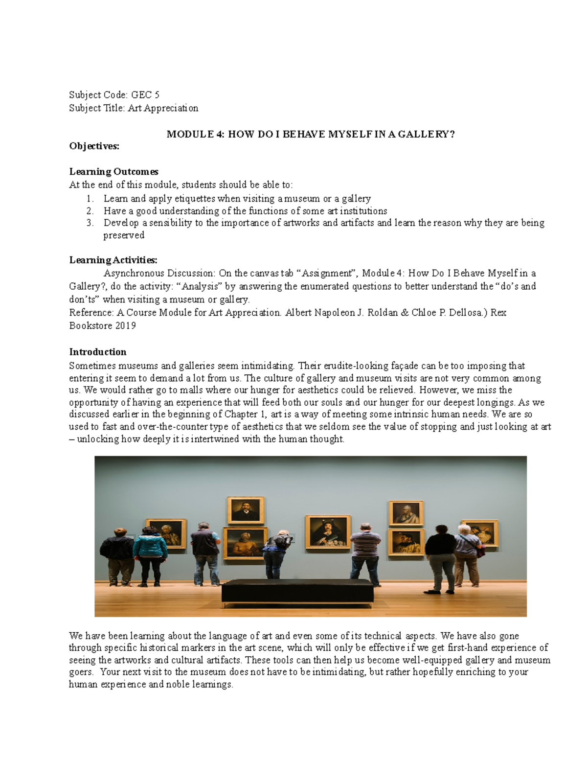 GEC 5 Art Appreciation: Module 4 - Gallery Behavior Etiquette - Studocu