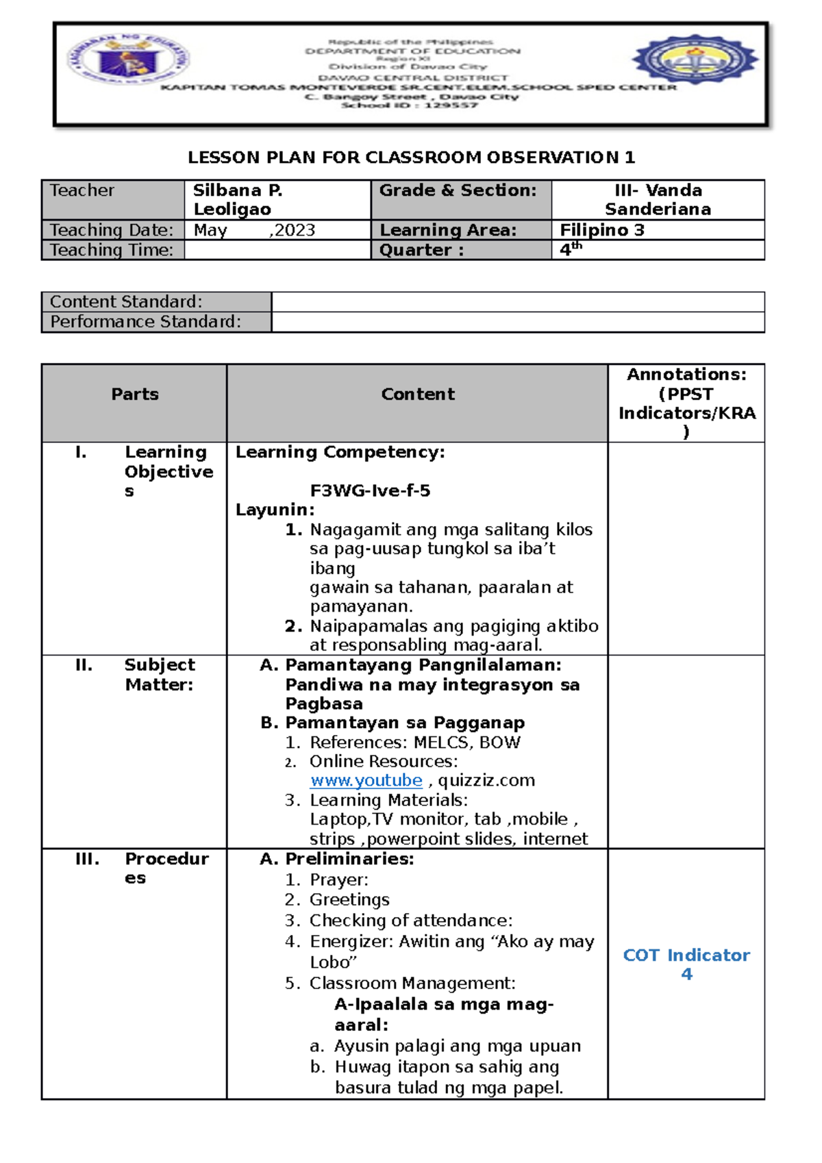 CO-LP-1 - N/A - LESSON PLAN FOR CLASSROOM OBSERVATION 1 Teacher Silbana ...