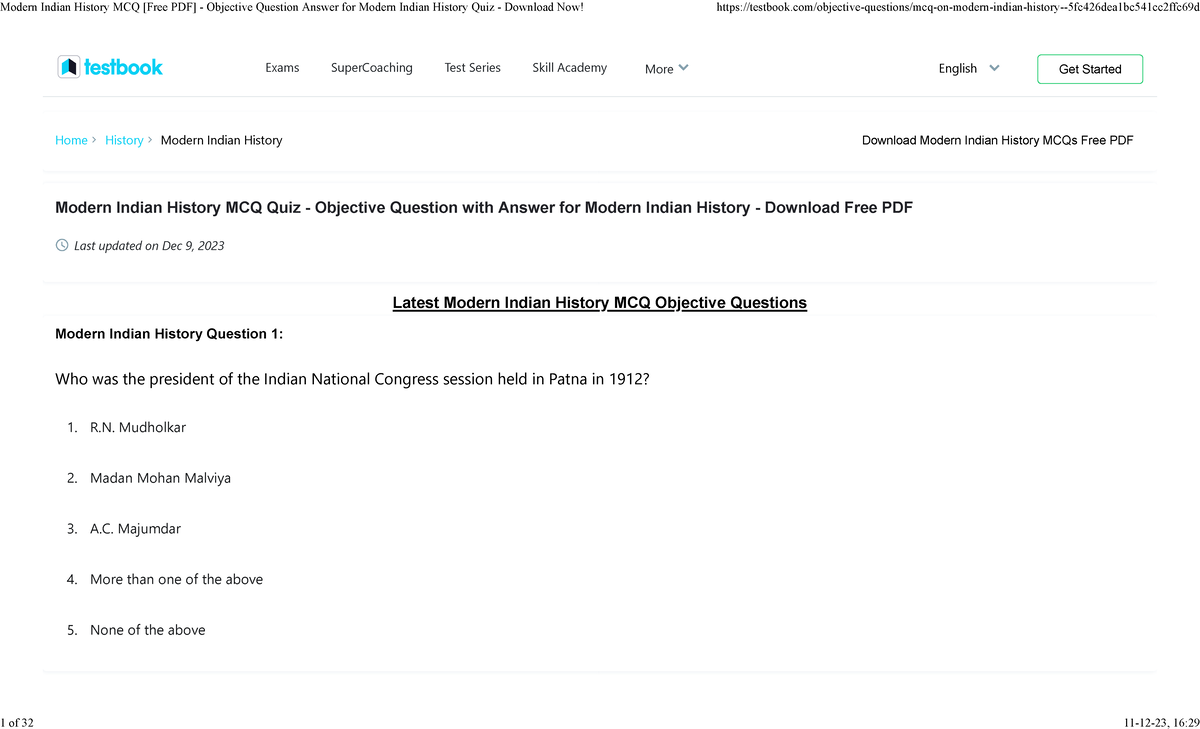 Modern Indian History MCQ Quiz - Objective Questions & Answers - Studocu
