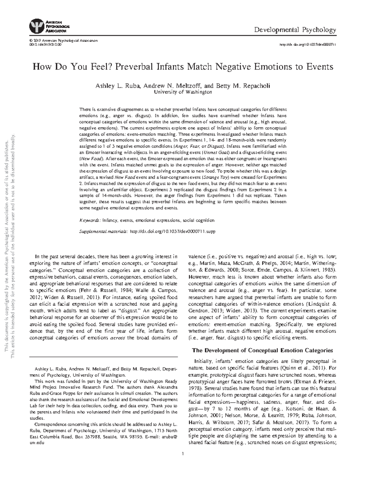 How Do You Feel Preverbal Infants Match - Ruba, Andrew N. Meltzoff, and ...