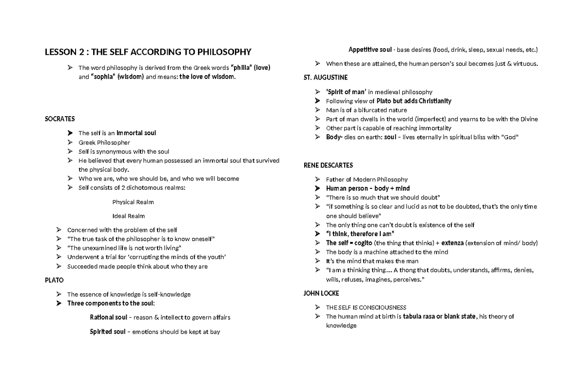 Lesson 2 - n/a - LESSON 2 : THE SELF ACCORDING TO PHILOSOPHY The word ...