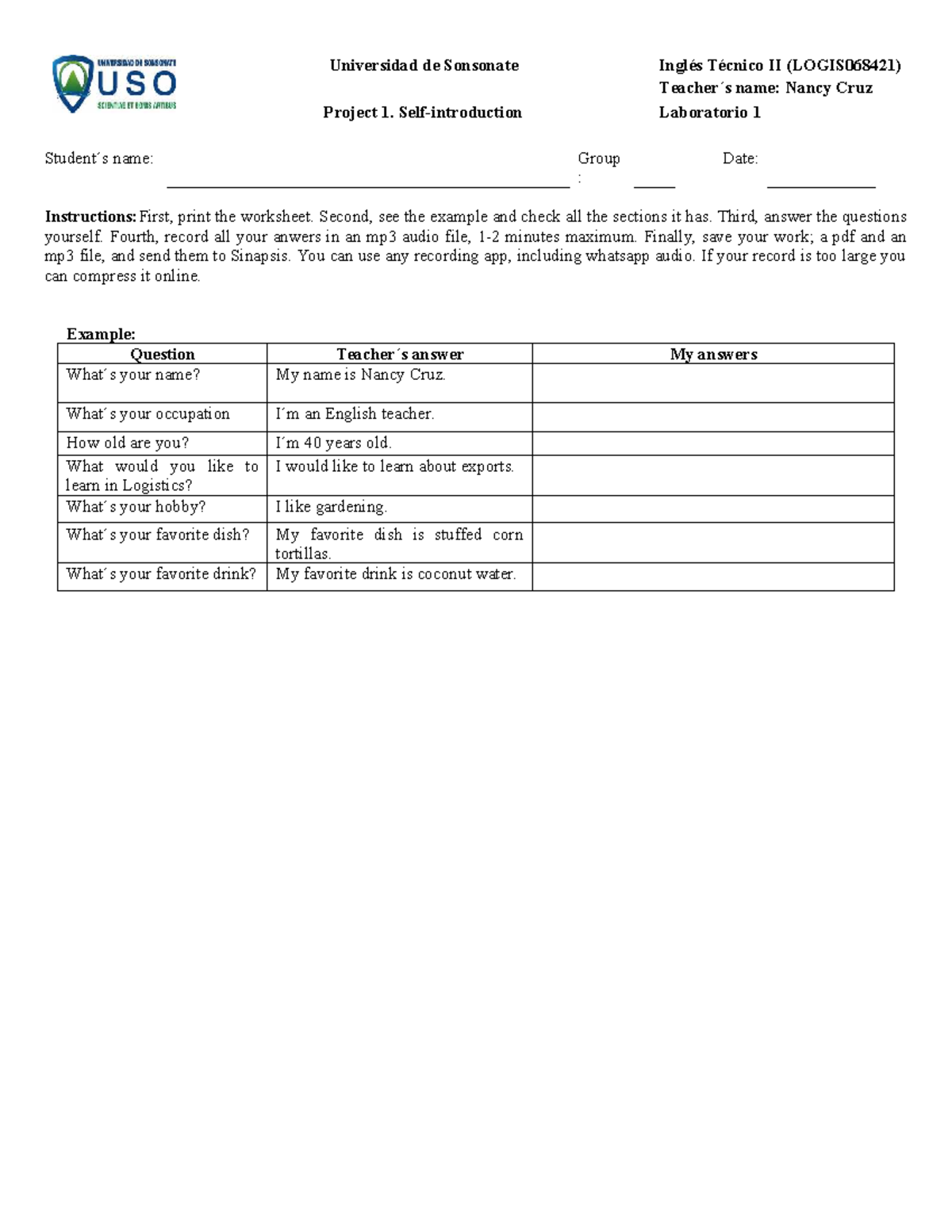 Inglés Técnico II (LOGIS068421) - Project 1: Self Introduction - Studocu