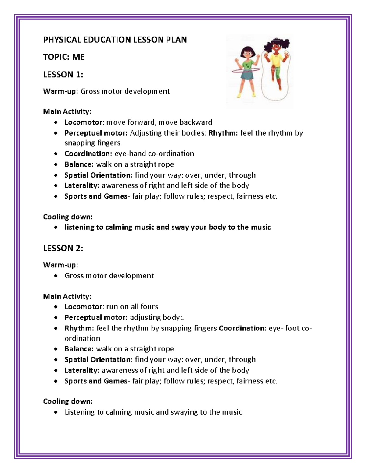 Physical Education Lesson Plan PE101 Term 1 Week 1 - Studocu