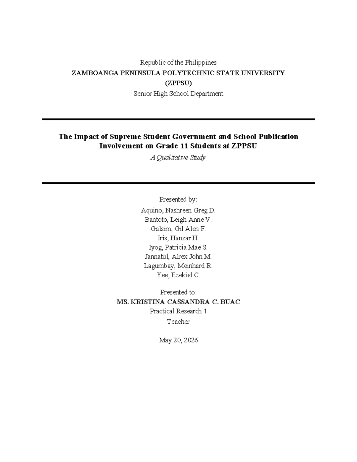 The Impact of SSG and School Publication on Grade 11 Students at ZPPSU ...