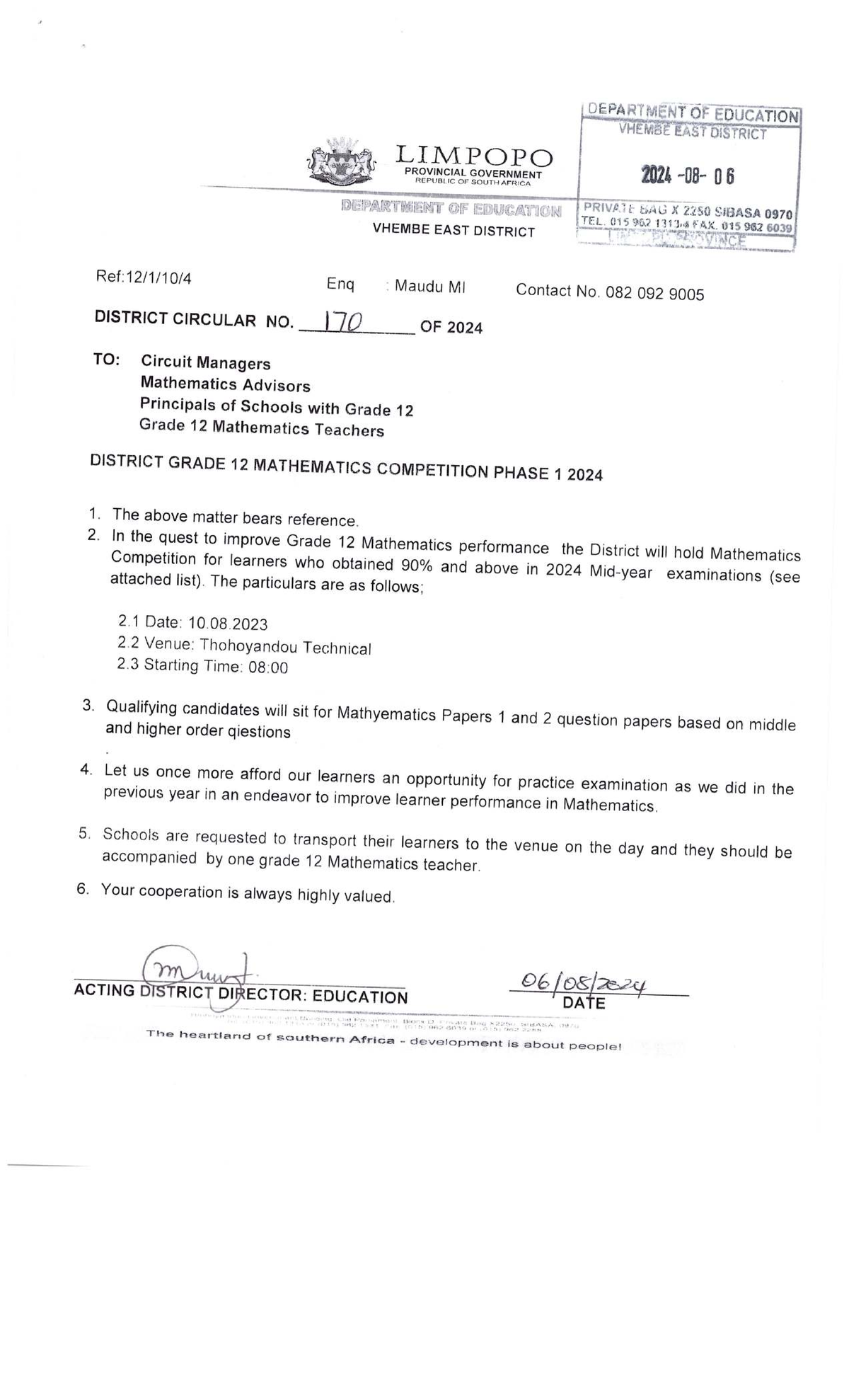 District Circular No. 170 of 2024: Grade 12 Mathematics Competition ...
