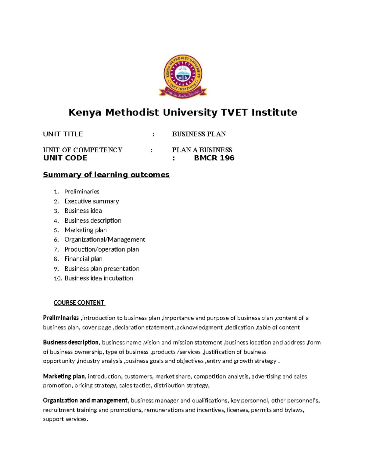 BMCR 196 Business Plan Course Outline: Key Learning Outcomes & Content ...