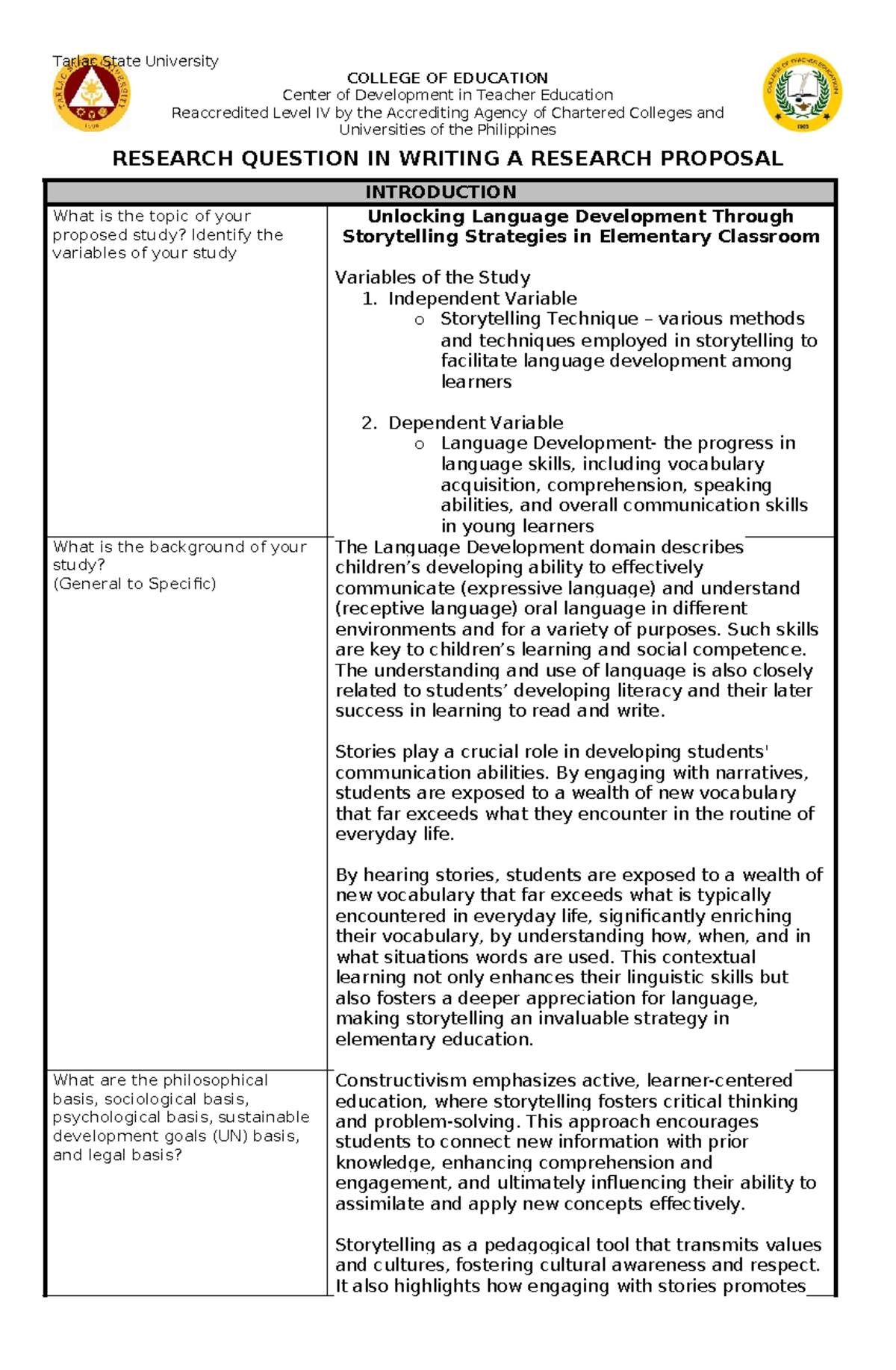 Research Question Guide for Research Proposal - Tarlac State University ...