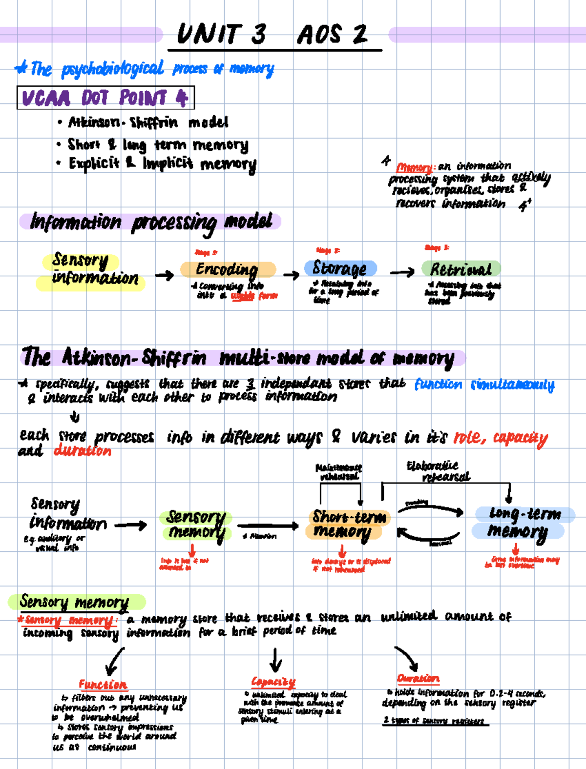 Unit 3 AOS 2 - Memory - UNIT 3 AOS 2 The psychobiological process of ...