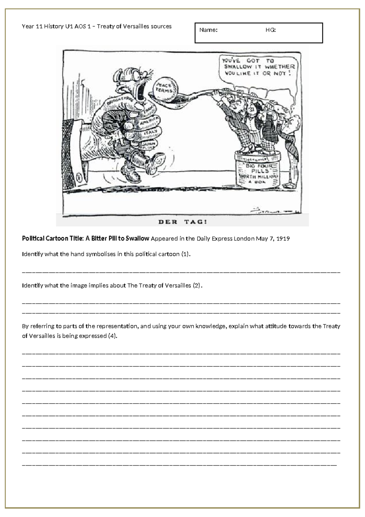 Year 11 History U1 AOS 1 Political Cartoons on Treaty of Versailles ...