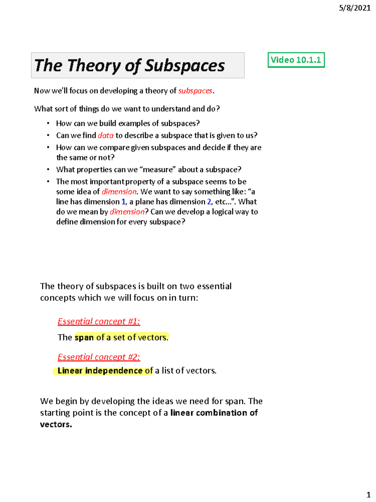 Theory of Subspaces: Video 10.1.1 Notes on Span and Linear Combinations ...