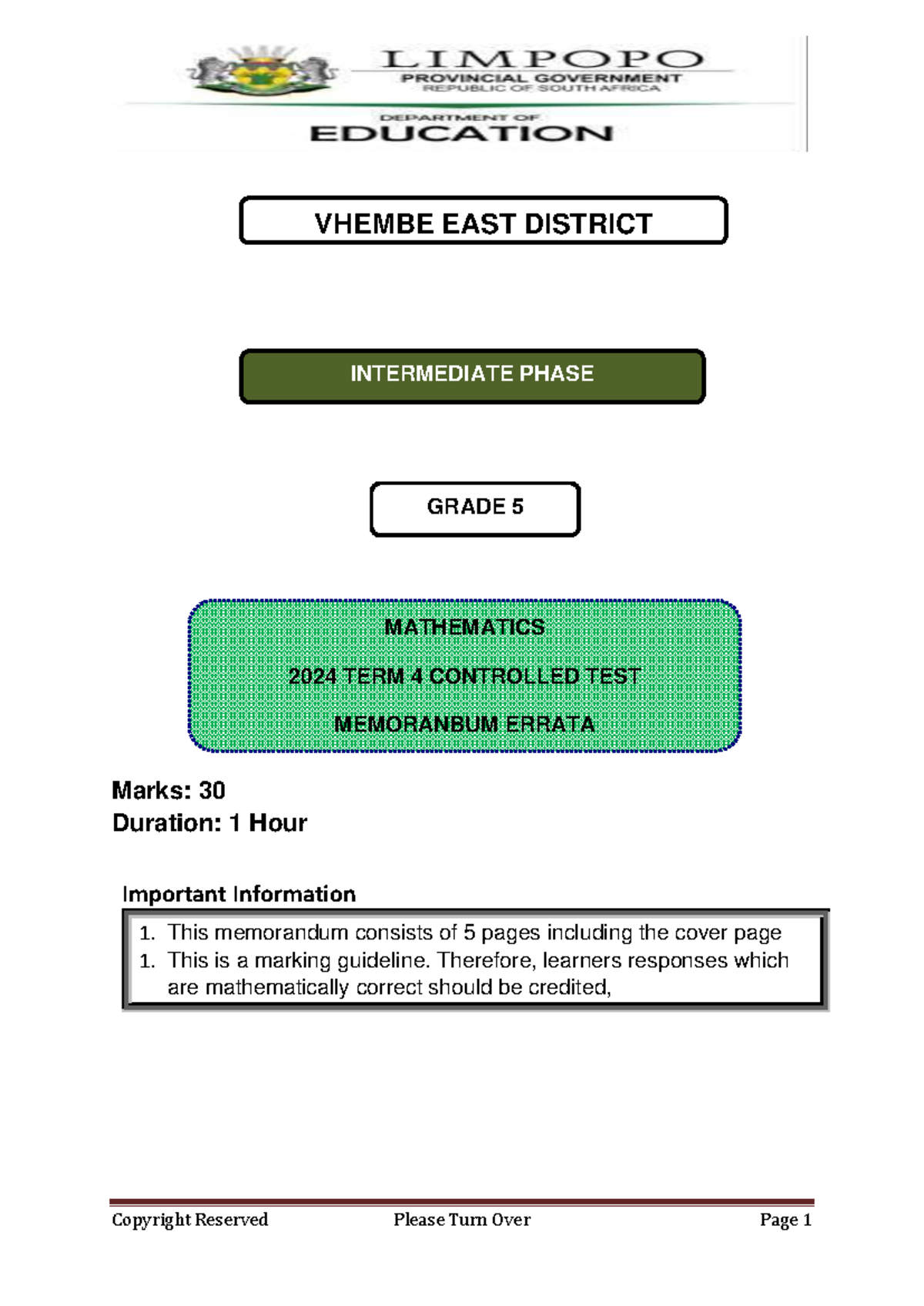 2024 Term 4 Gr 5 Mathematics Controlled Test Memo errata - GRADE 5 ...