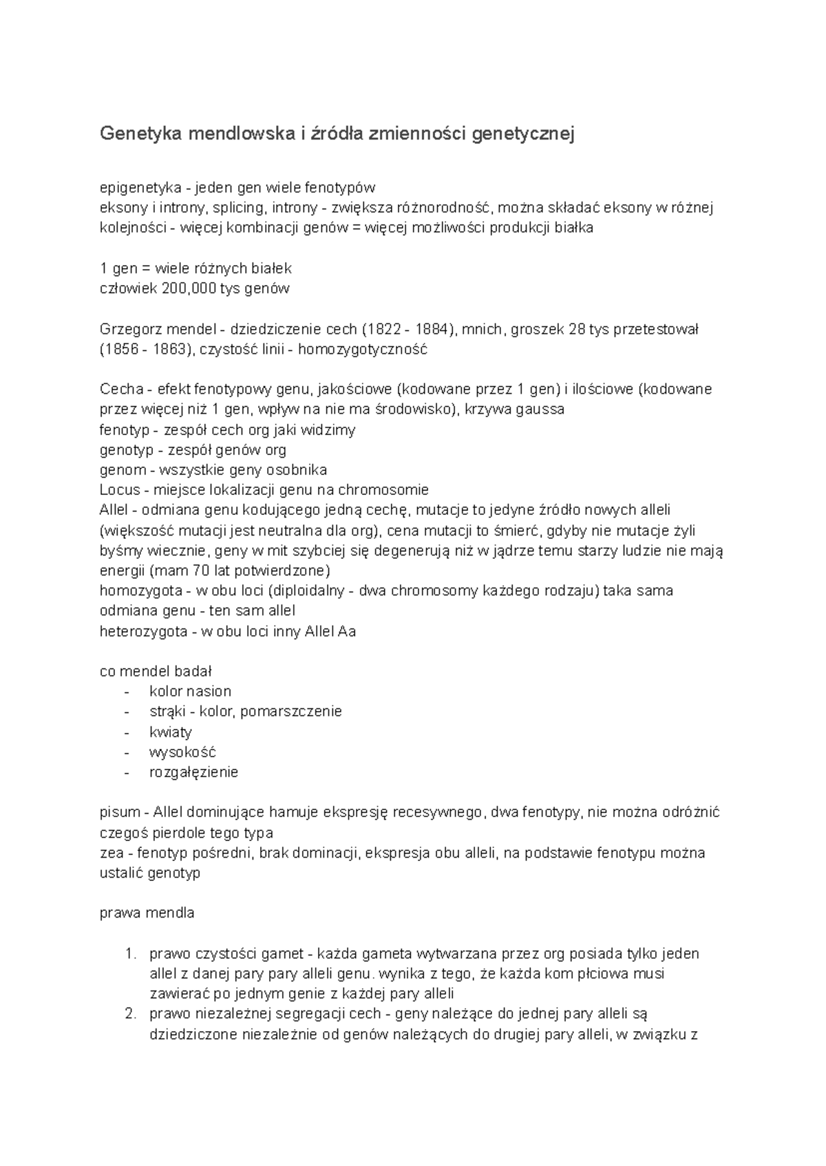 Genetyka Mendla i Zmienność w Biologii Człowieka - Wykłady 2023 - Studocu