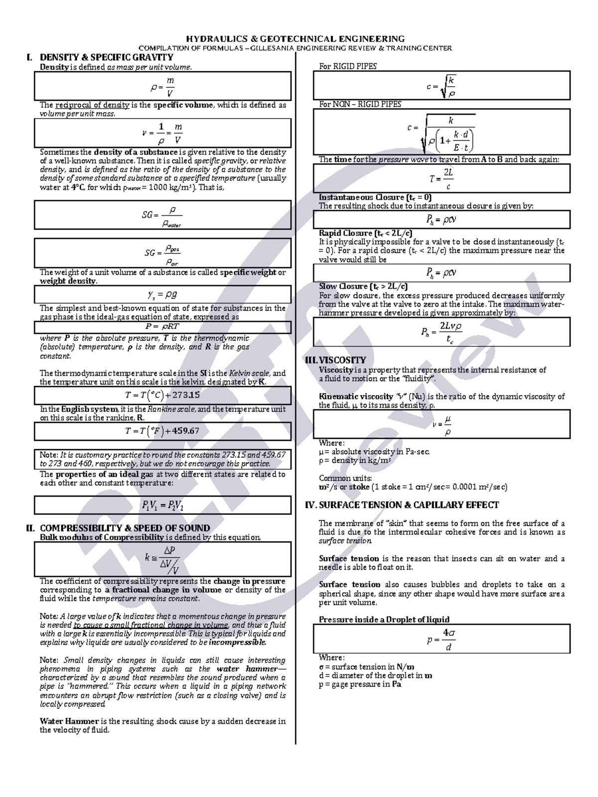 Compilation of Fluid Mechanics Formulas for HPGE Course - Studocu