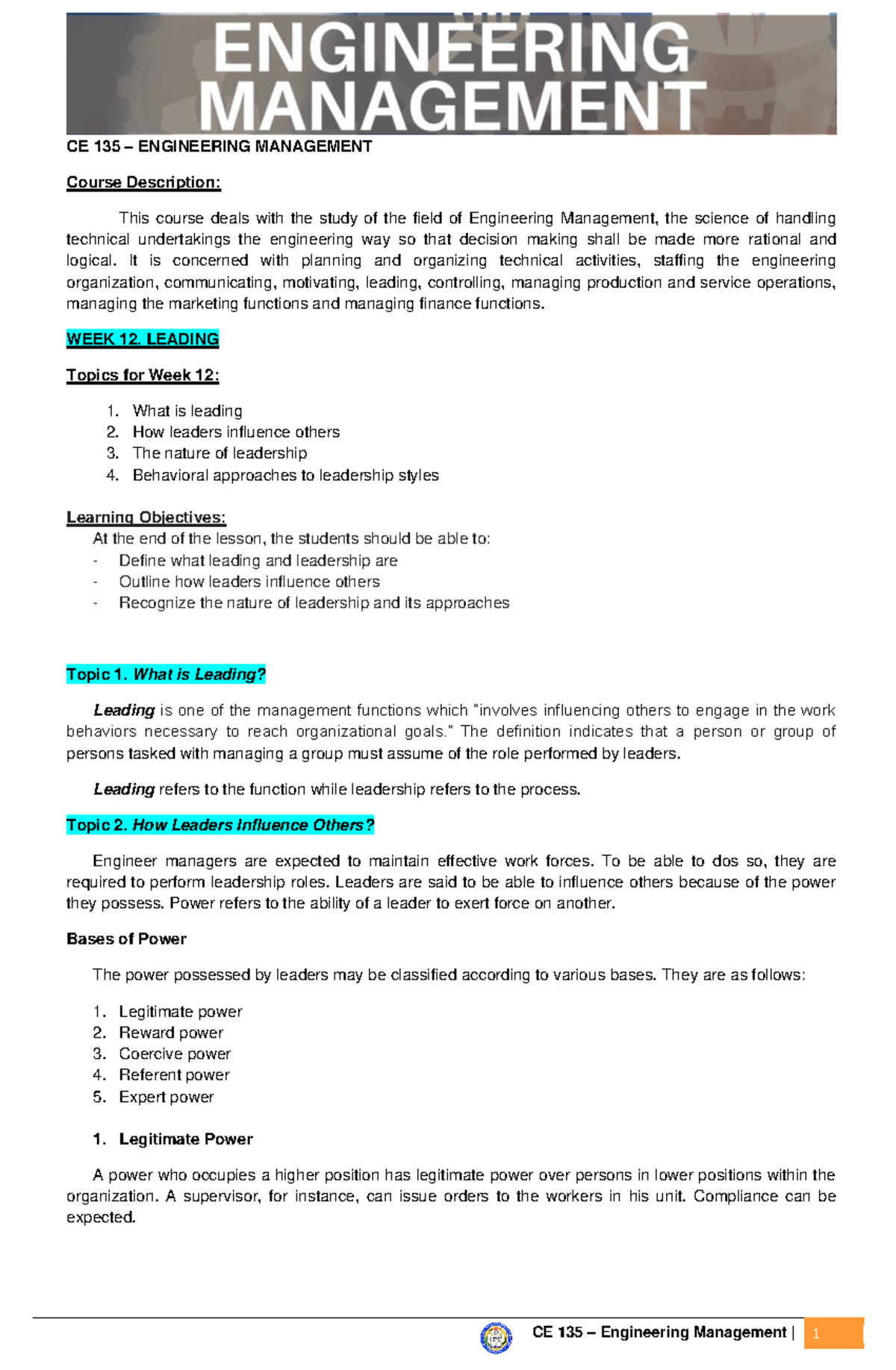 Week-12-Leading - N/A - CE 135 – ENGINEERING MANAGEMENT Course ...