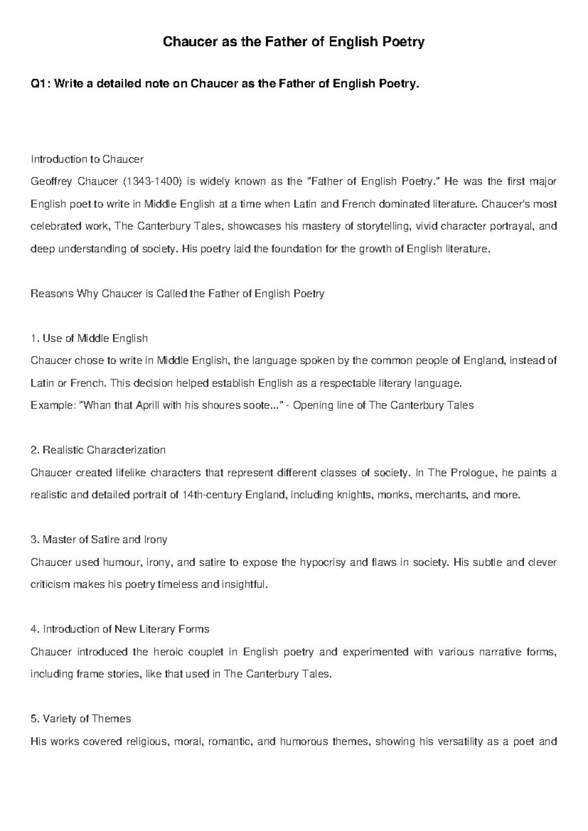 Chaucer Father of English Poetry GCUF - Chaucer as the Father of ...