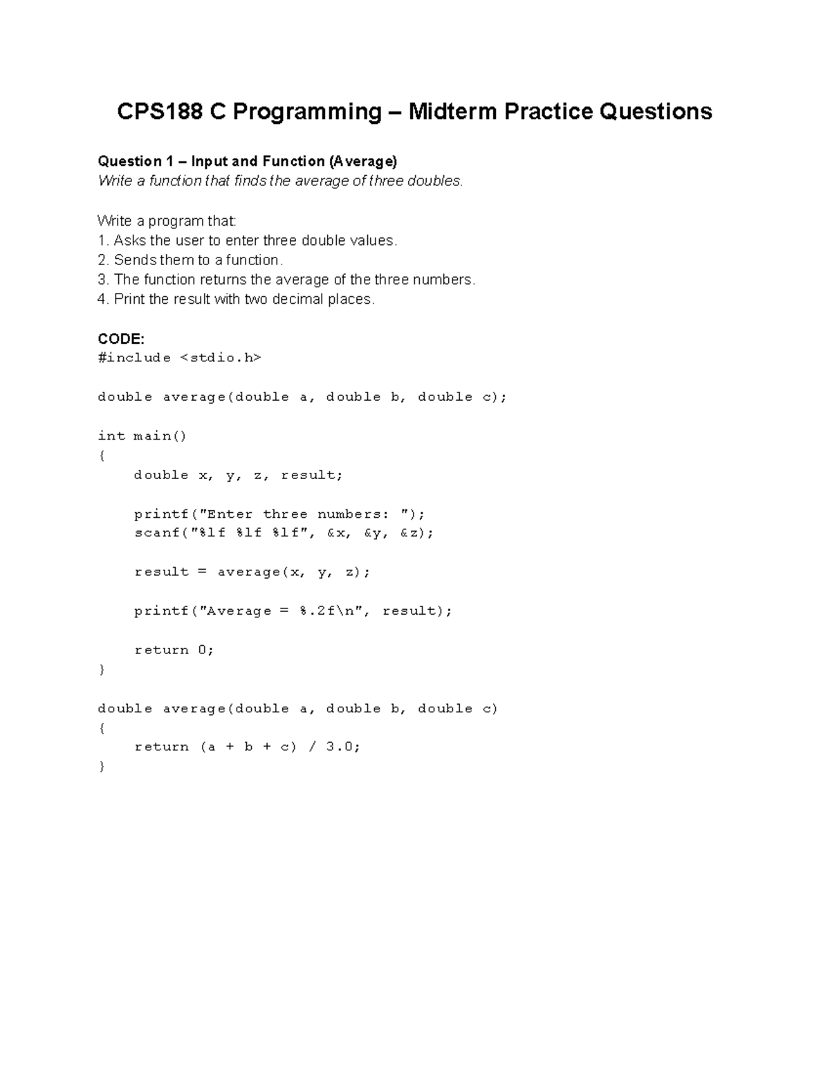CPS188 C Programming Midterm Practice Questions: Functions & Arrays ...