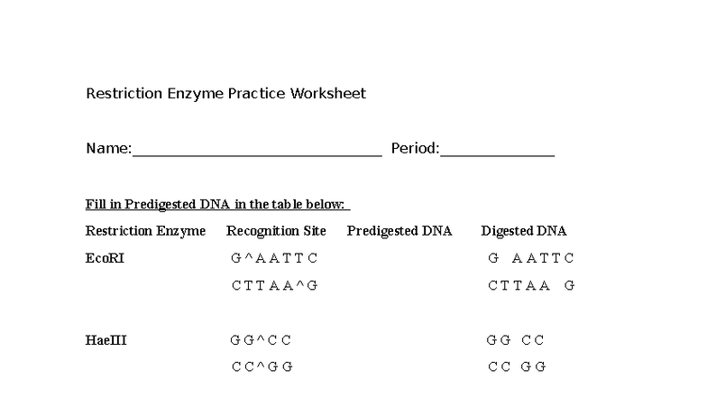 Restriction Enzyme Practice Worksheet: EcoRI DNA Digestion Analysis ...