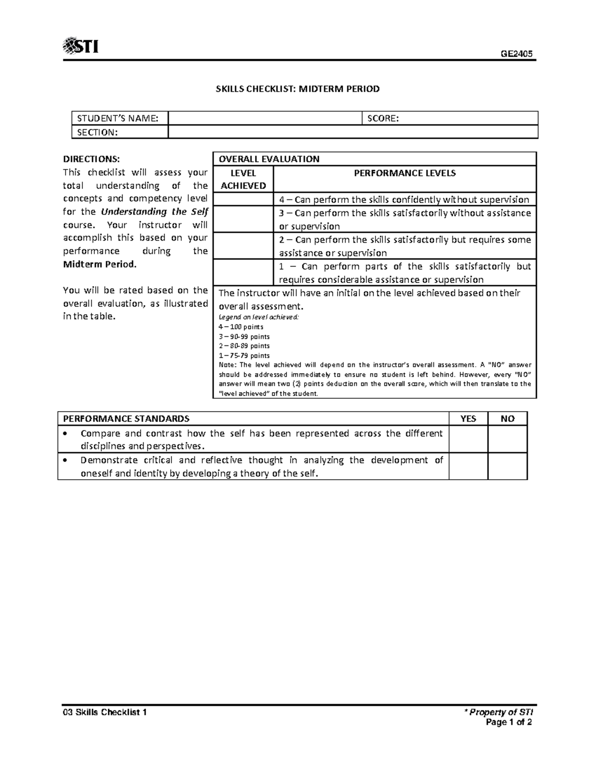 03 Skills Checklist 1 UTS - GE 2405 03 Skills Checklist 1 * Property of ...