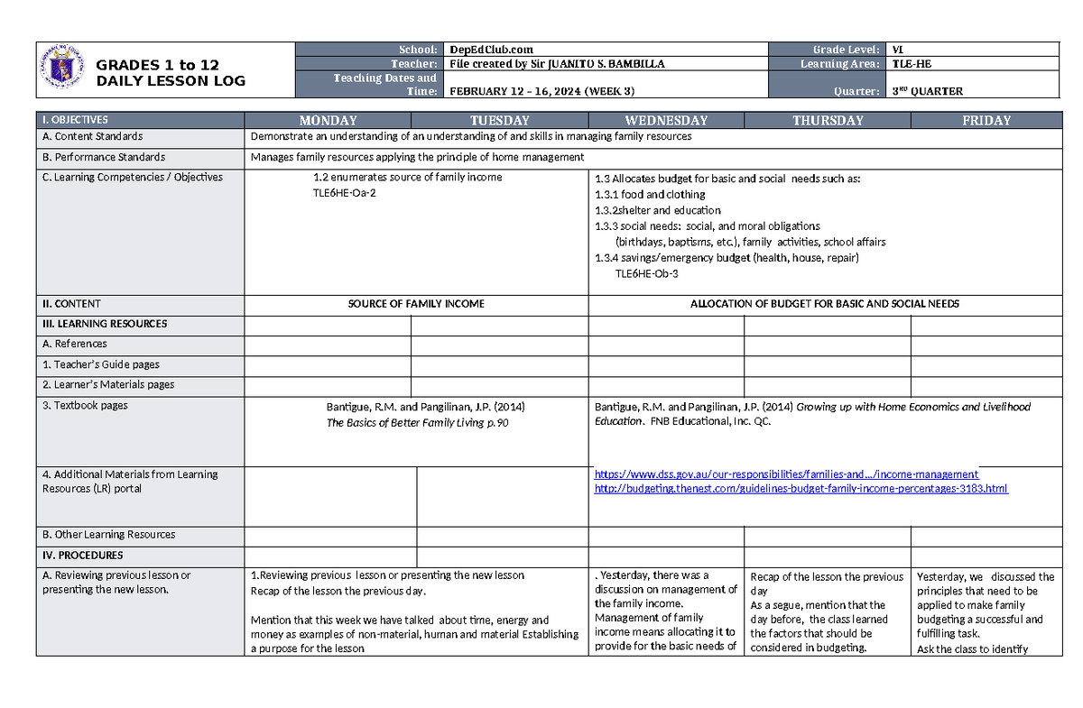 DLL TLE-HE 6 Q3 W3 needed - GRADES 1 to 12 DAILY LESSON LOG School ...