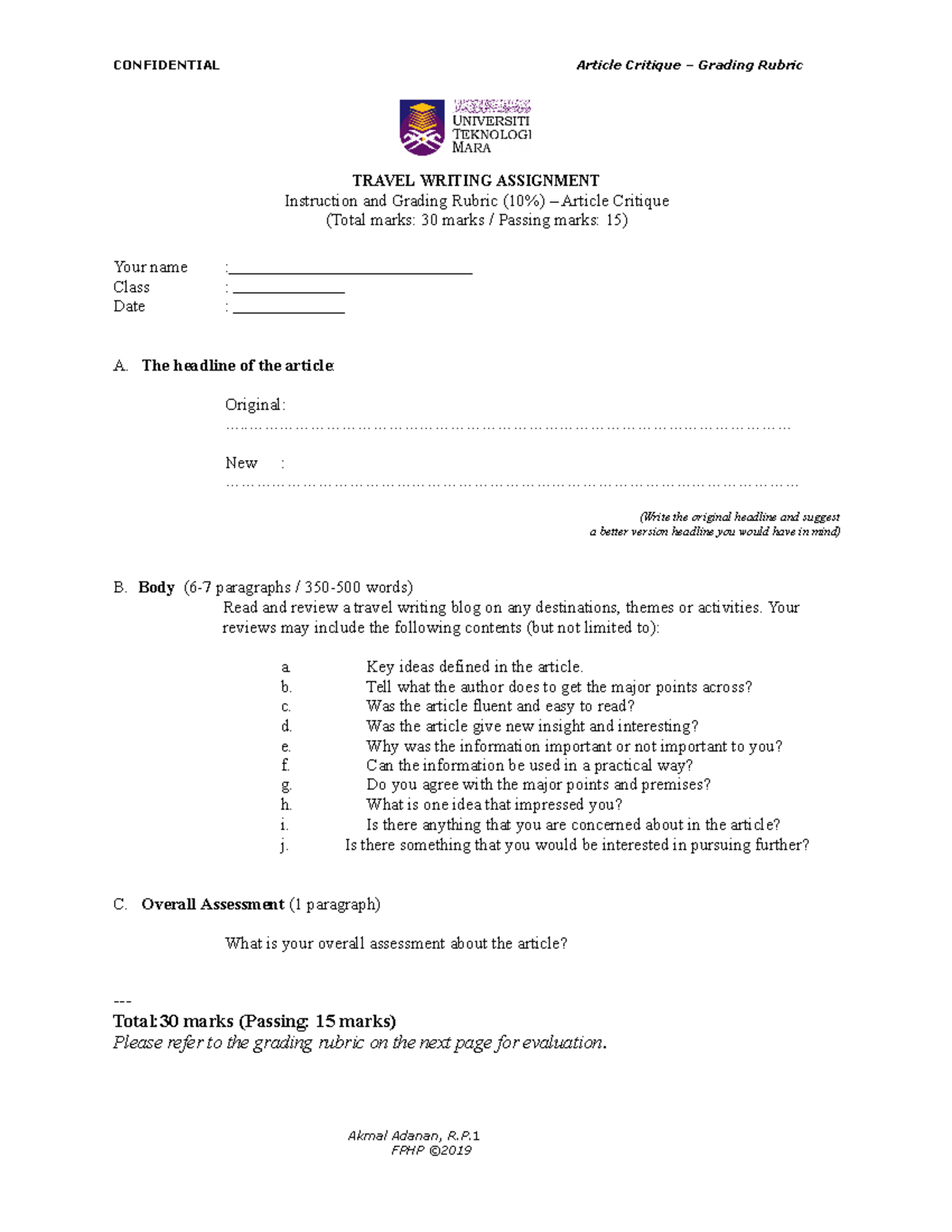 Article Critique Rubric ODL - CONFIDENTIAL Article Critique – Grading ...