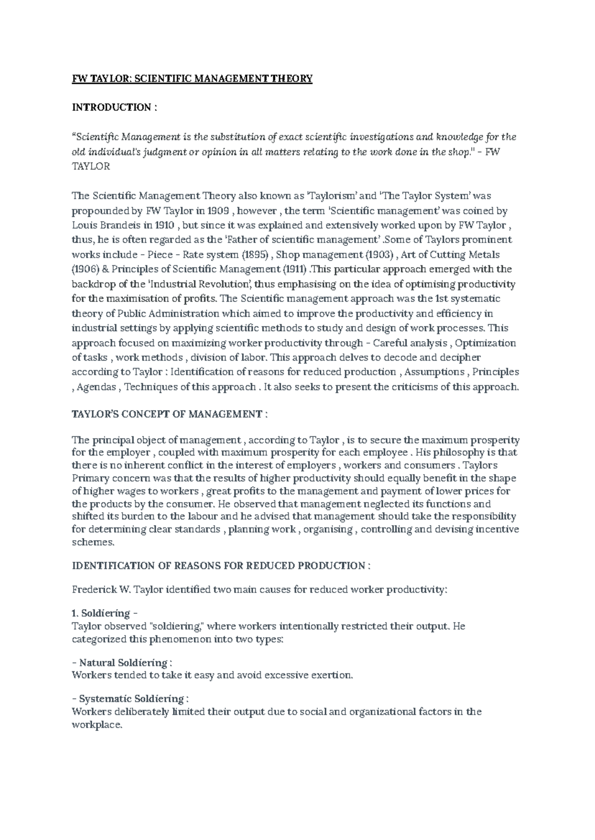FW Taylor's Scientific Management Theory: Principles & Critiques - Studocu