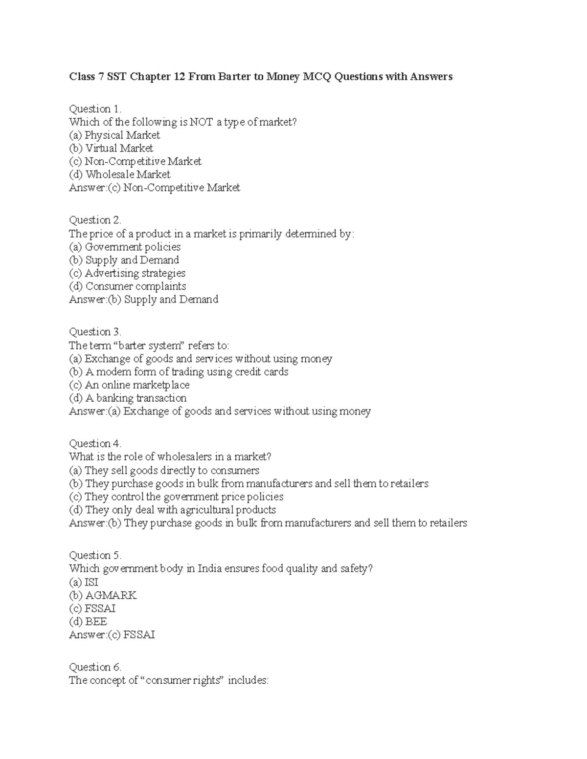 Class 7 SST Chapter 12 MCQs: From Barter to Money - Studocu