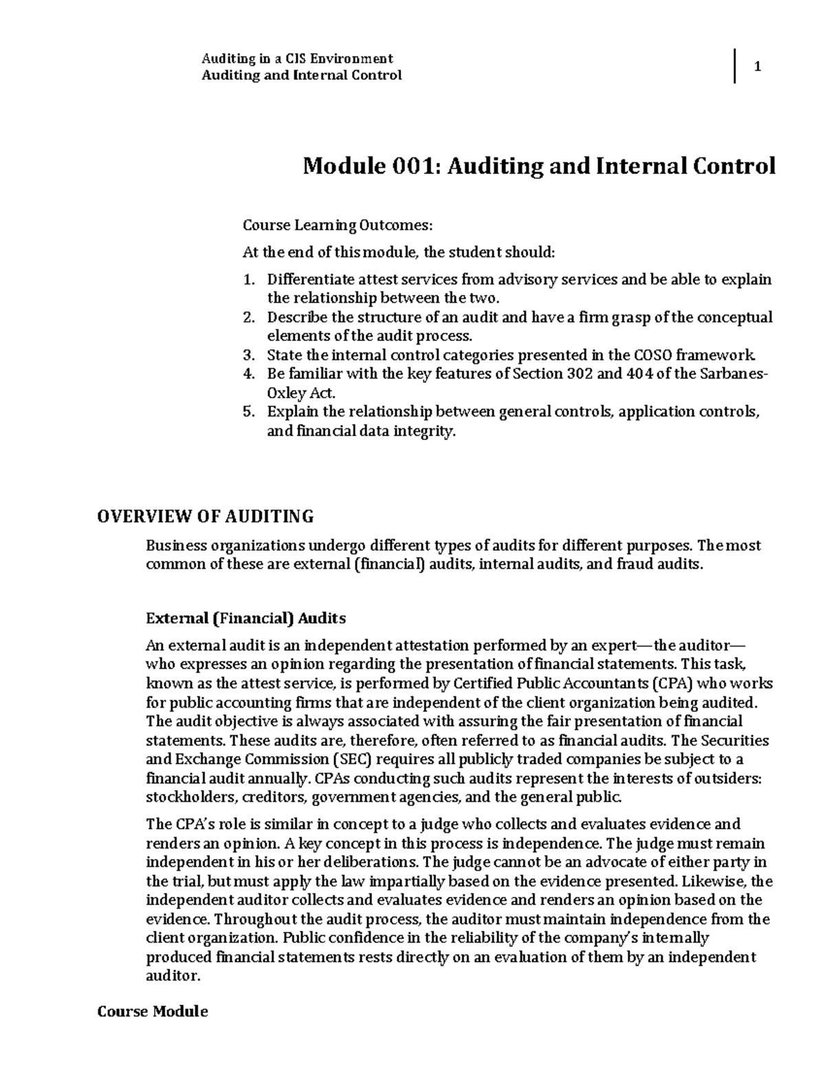 W1 Module 1: Understanding Auditing & Internal Control Principles - Studocu