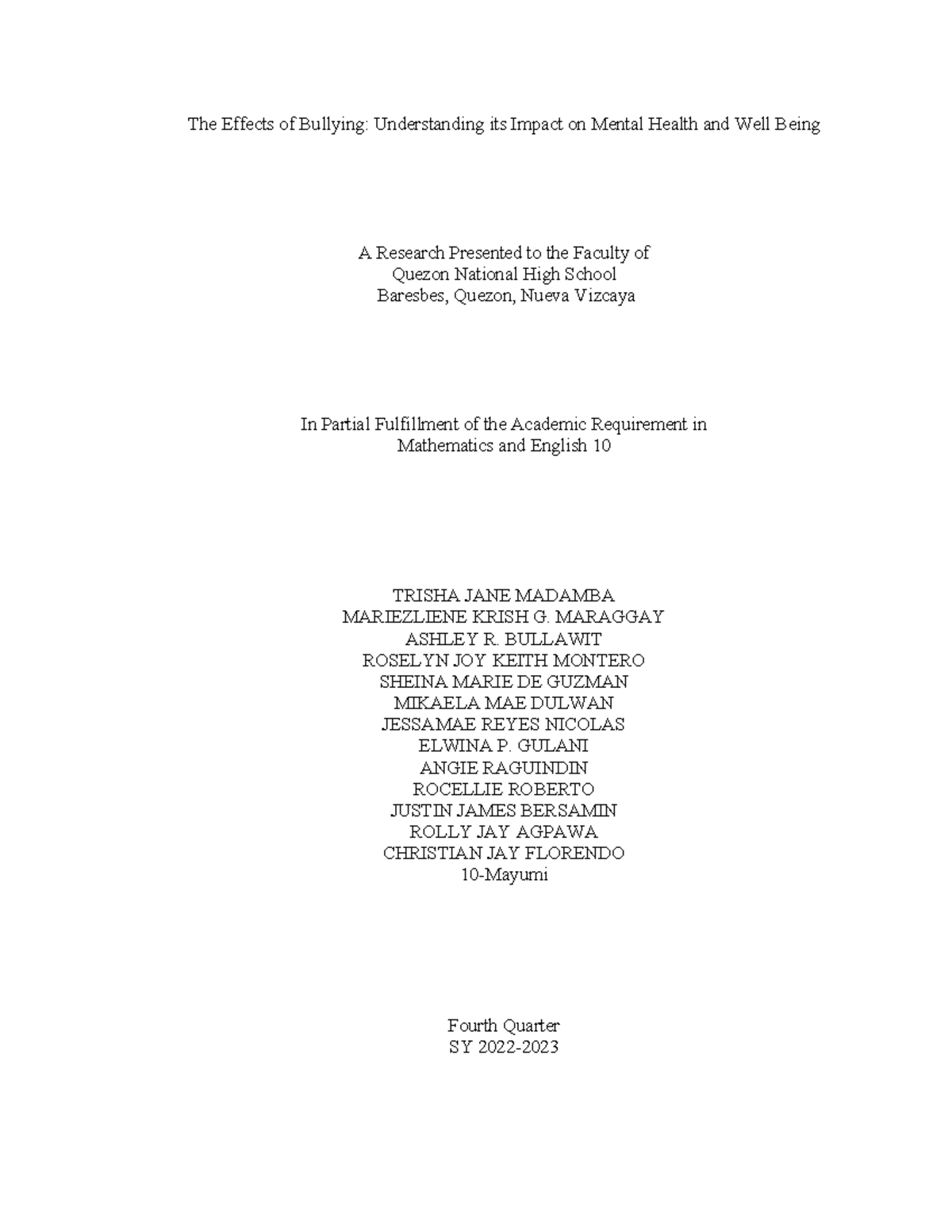Research Paper on Bullying: Impact on Mental Health of Grade 7-8 ...