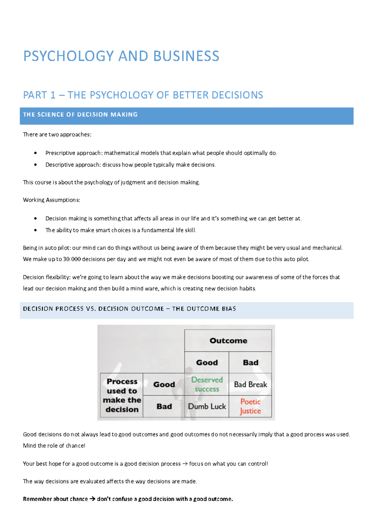 P&B - Lecture Notes on Psychology of Decision Making and Biases - Studocu