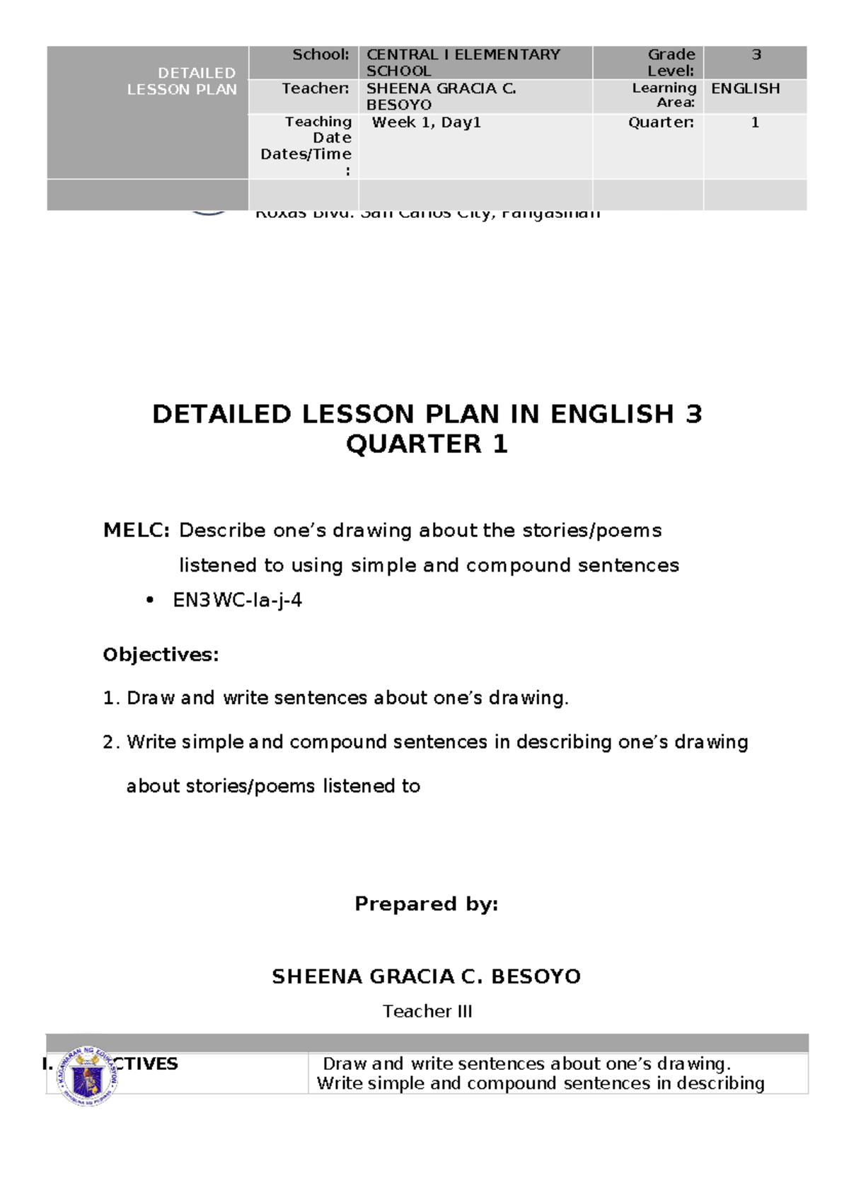 Detailed Lesson Plan ENGLISH 3 Q1 WK1 D1: Drawing & Describing Pictures ...