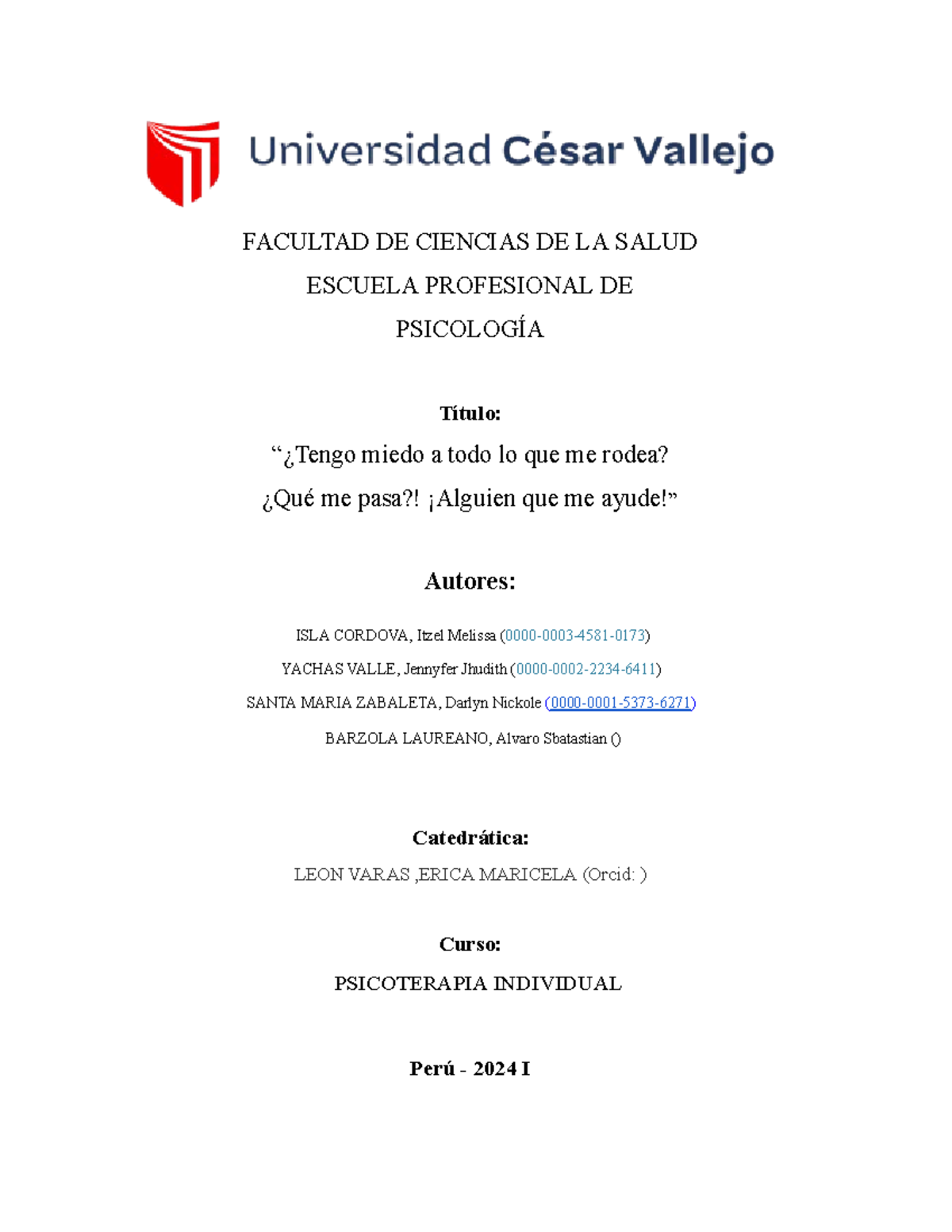 Informe de Estudio de Caso en Psicoterapia Individual - PSIC 2024 I - Studocu