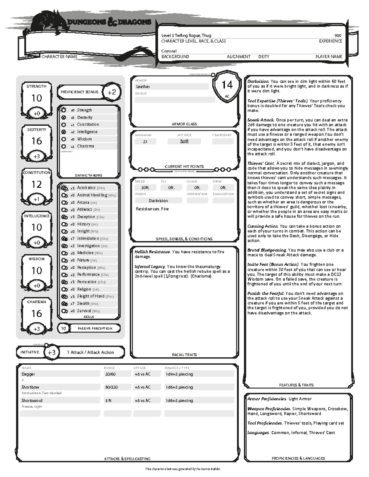 Level 3 Tiefling Rogue Character Sheet - D&D 5E - Studocu
