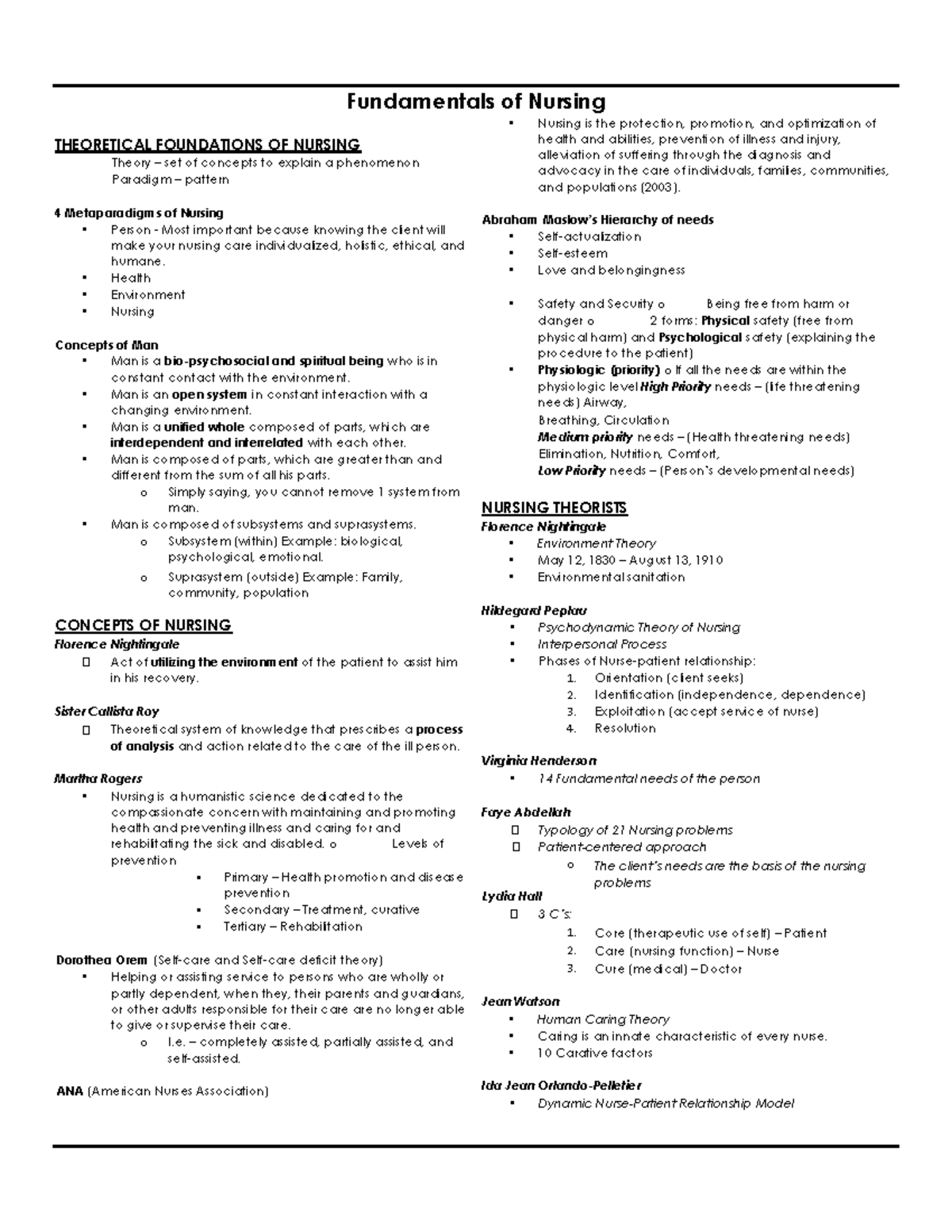 Fundamentals of Nursing Notes Personal - THEORETICAL FOUNDATIONS OF ...
