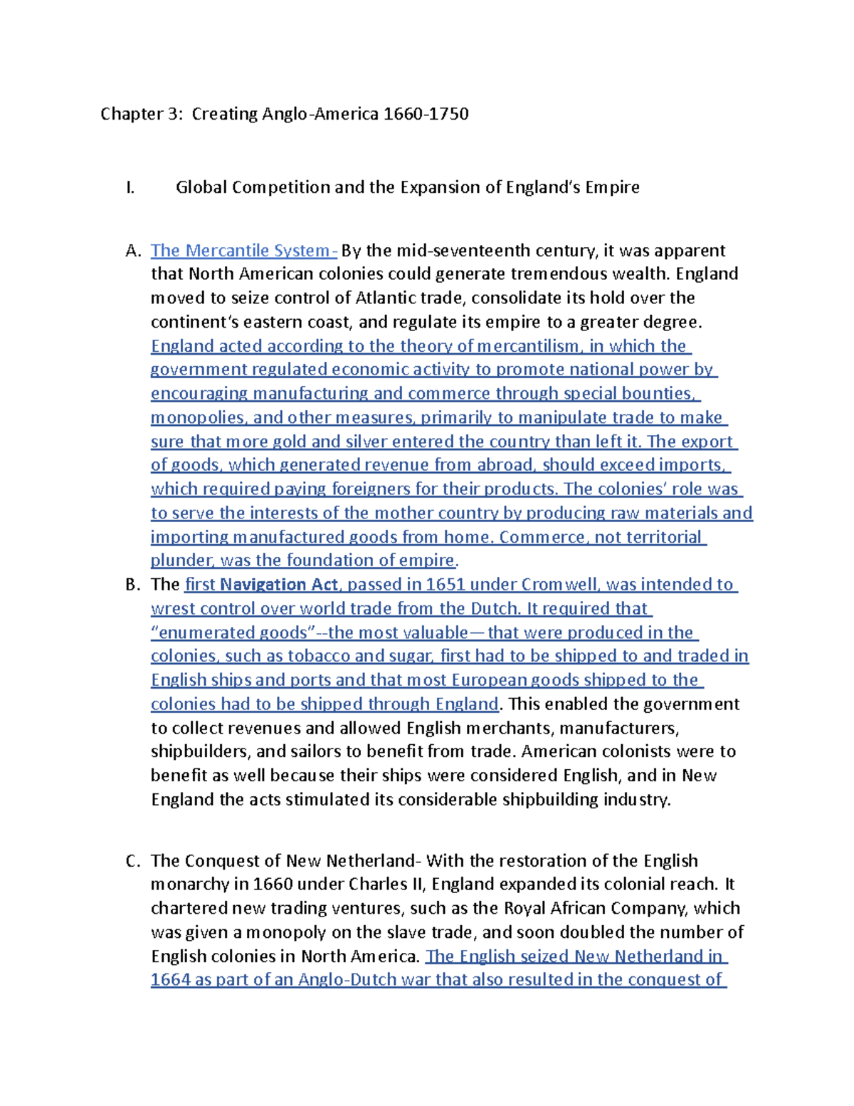 Chapter 3 Class Notes - Chapter 3: Creating Anglo-America 1660- I ...