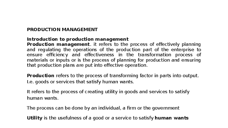 Production Management: Key Concepts and Human Needs Analysis - Studocu