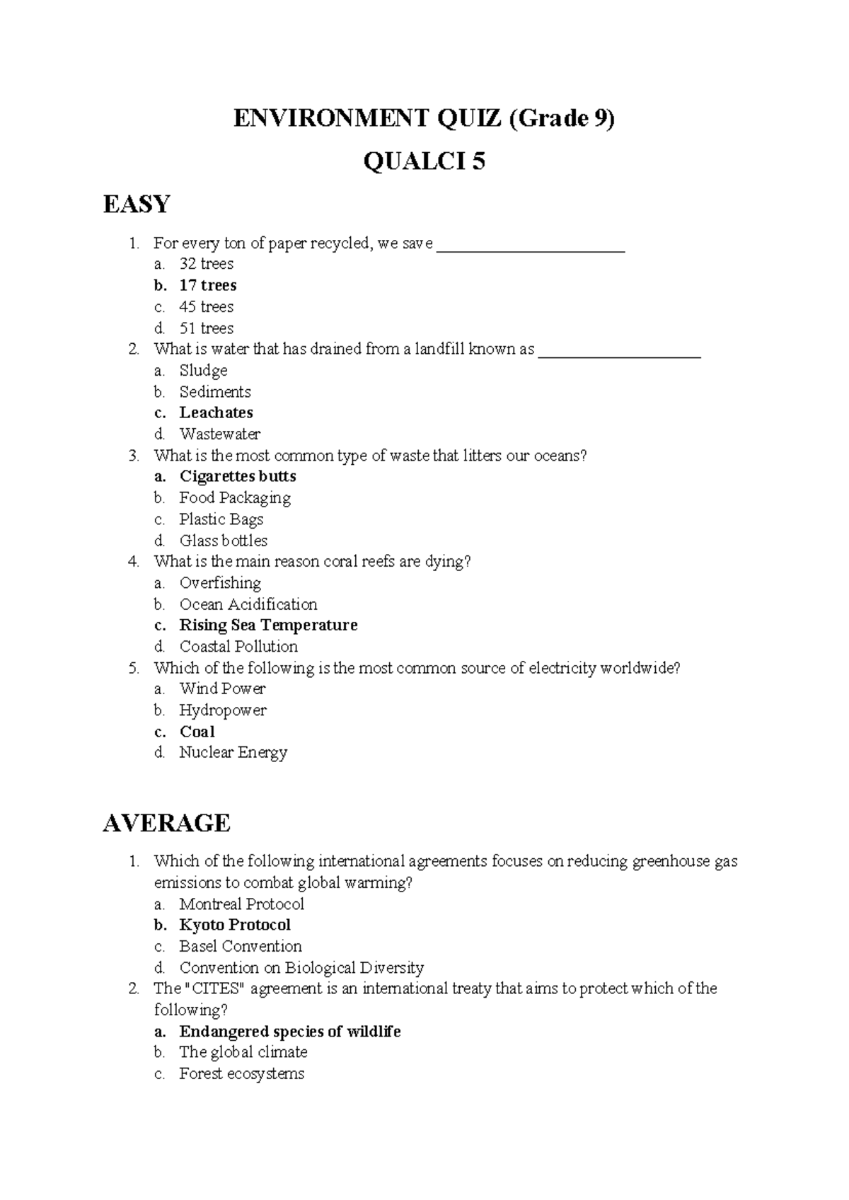 Qualci 5 Environmental QUIZ ( Grade 9) - ENVIRONMENT QUIZ (Grade 9 ...