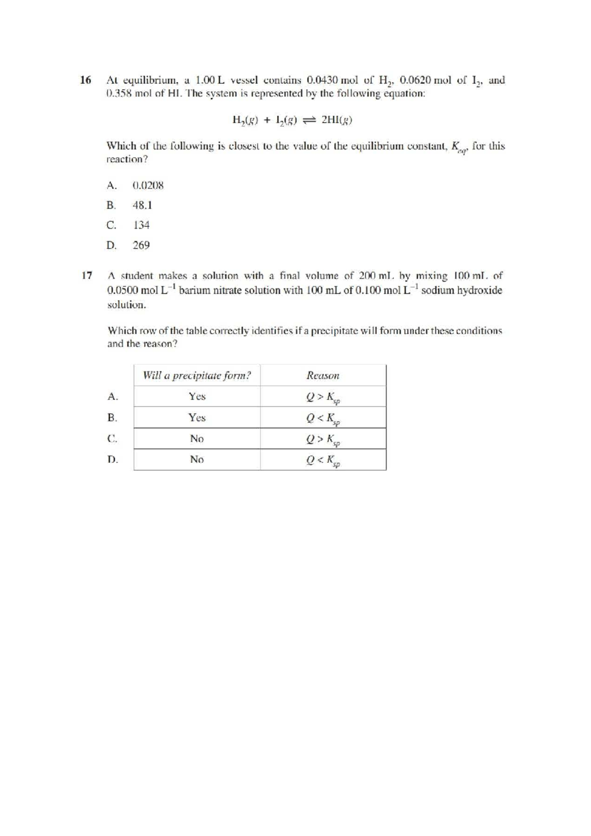 Keq HSC Questions - Equilibrium Constant Calculations and Analysis ...
