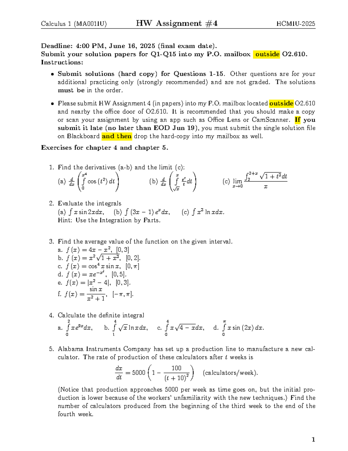 HW Assignment 4 Calculus 1 (MA001IU) Due June 16, 2025 - Studocu