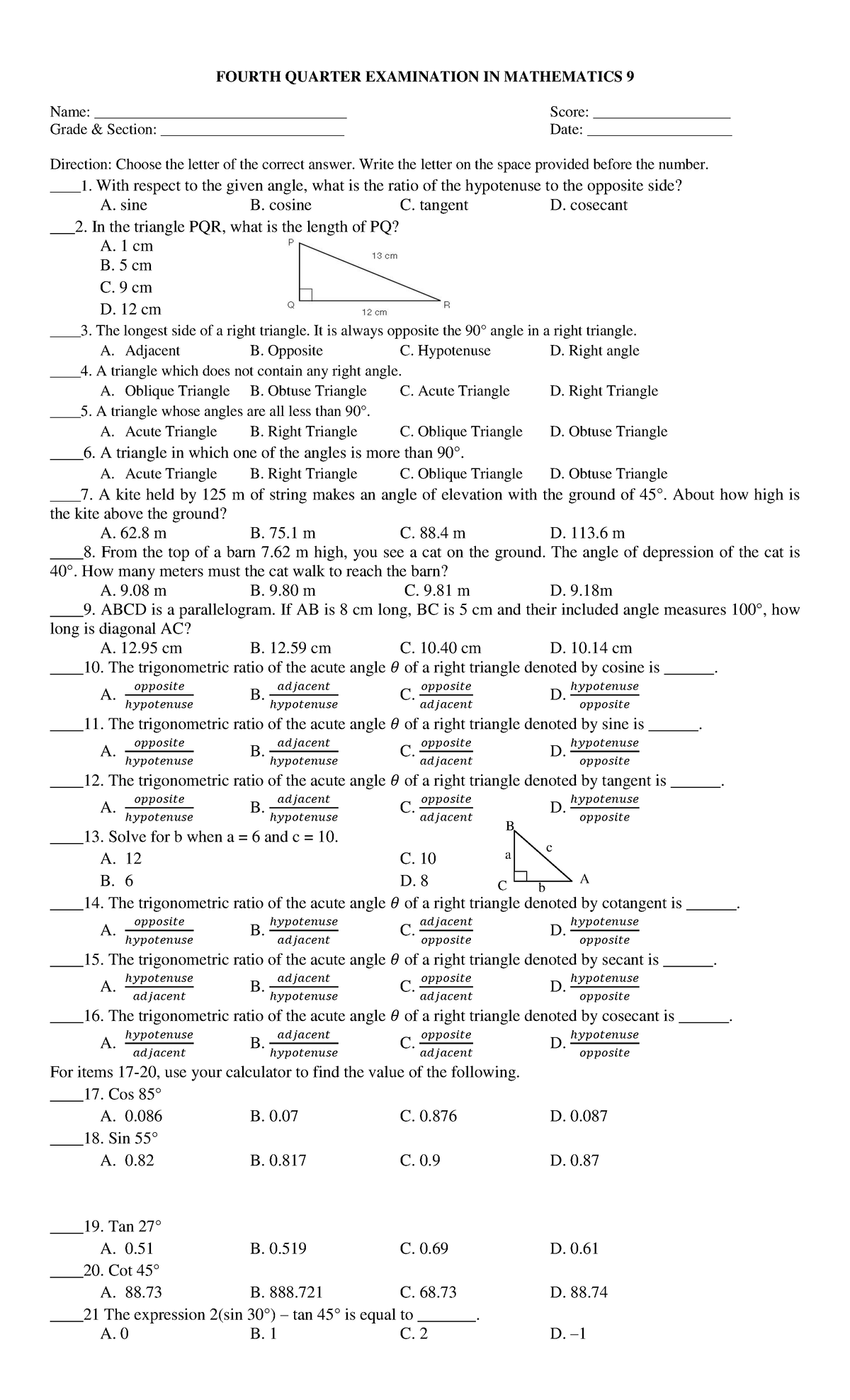 4TH QTR EXAM IN MATH 9: TRIGONOMETRY & GEOMETRY QUESTIONS - Studocu