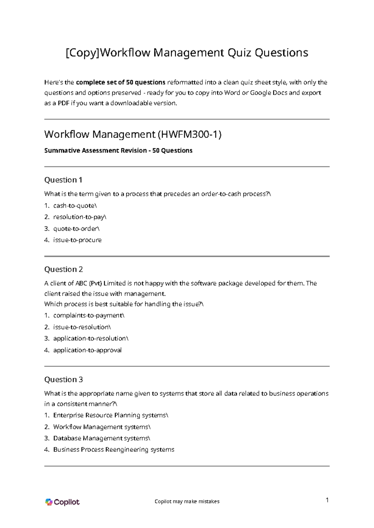 Workflow Management Quiz (50 Questions) - Clean Format for Study - Studocu