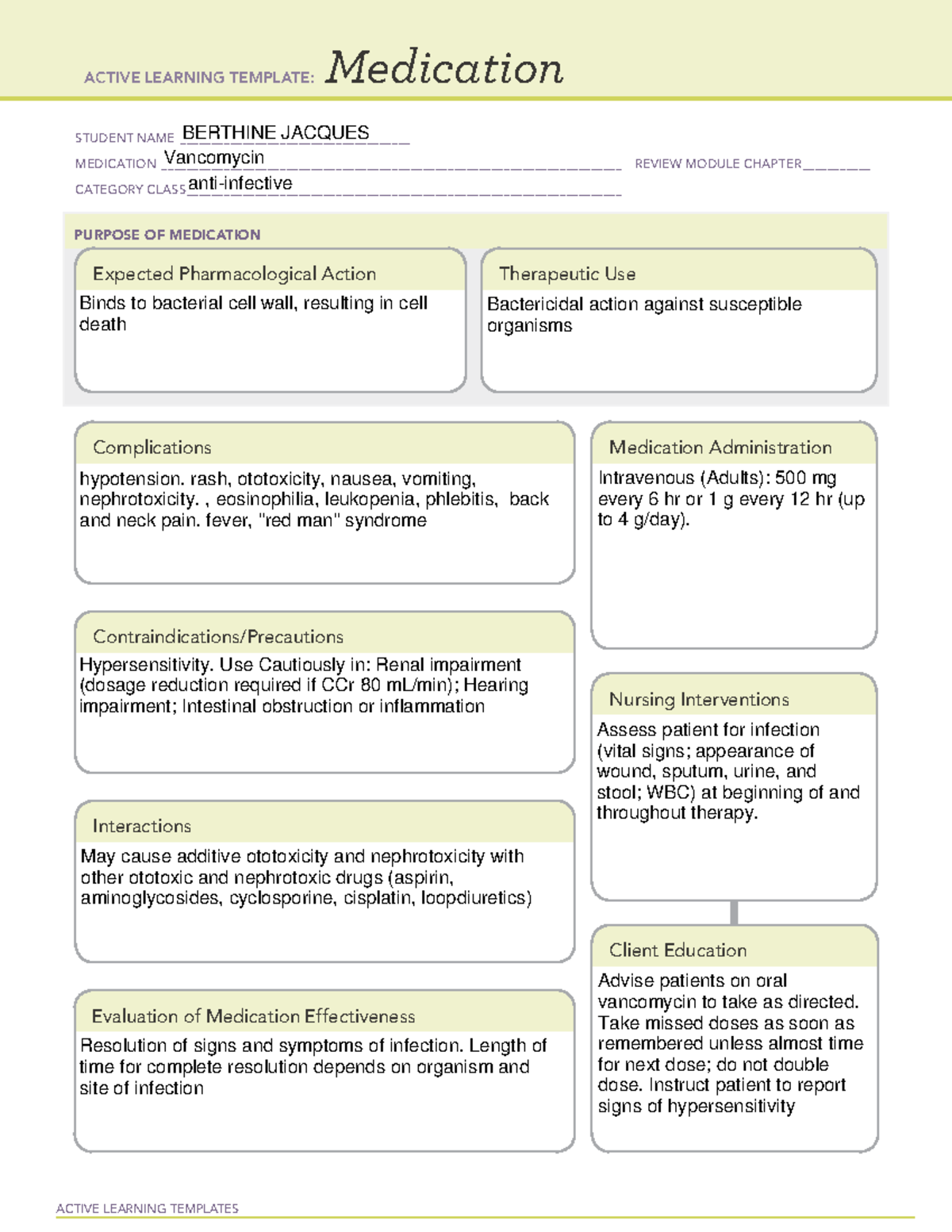 Vancomycin - meds - ACTIVE LEARNING TEMPLATES Medication STUDENT NAME ...